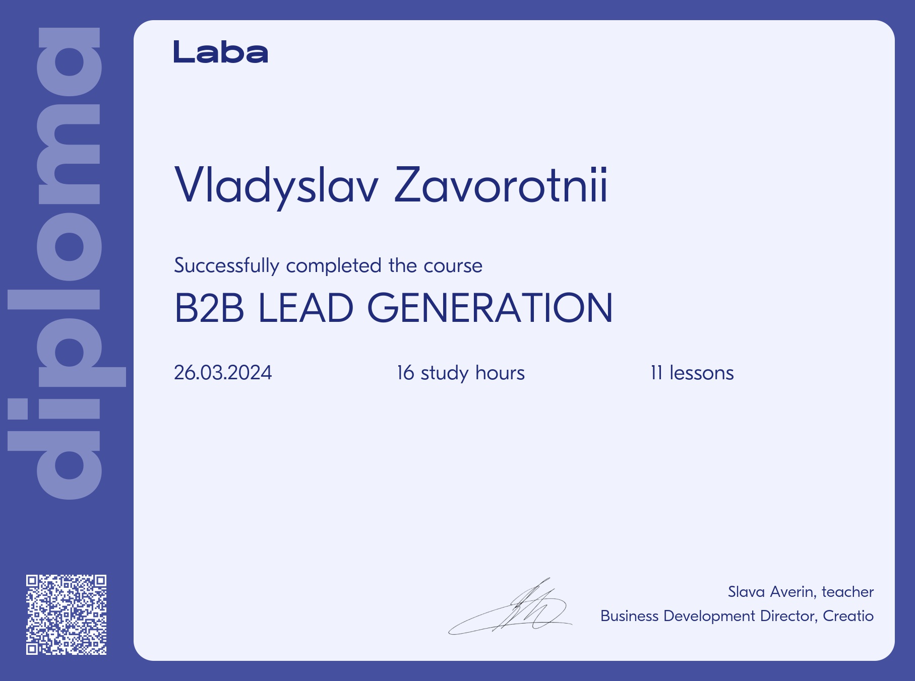Diploma of completion of the course B2B LEAD GENERATION